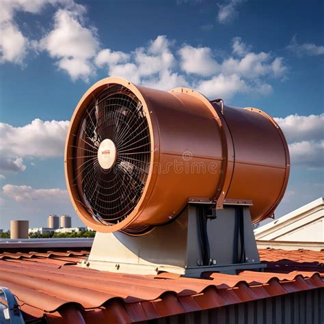 A Huge Air Conditioning Exhaust Fan On The Roof Of The Building Stock