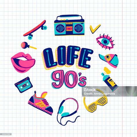 컬렉션 복고풍 아이콘 요소 트렌디 한 80 년대90 년대 상품 손으로 그린 만화 스타일 인라인 스케이트에 대한 스톡 벡터 아트 및 기타 이미지 인라인 스케이트 파티