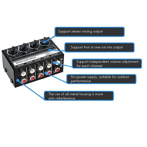 4 Channel Stereo Audio Mixer Support RCA Input And Output Mini Passive Stereo Mixer With