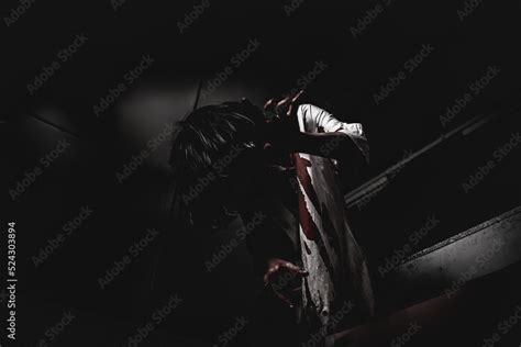 Portrait Of Asian Woman Make Up Ghost Face Horror Scene Scary Background Halloween Poster Stock