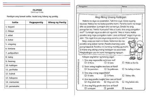Worksheets FILIPINO Catch Up Friday Pantigin Ang Bawat Salita Isulat