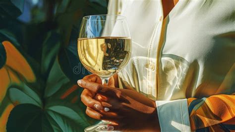 Close Up Of A Woman Holding A Glass Of White Wine Generative Ai Stock