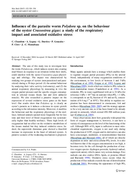 Pdf Influence Of The Parasite Worm Polydora Sp On The Behaviour Of