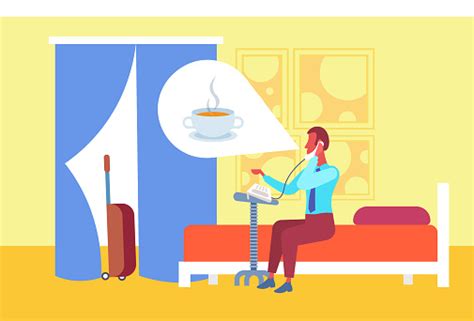 커피를 생각 하는 사업가 주문 접수 오더 게스트 룸 인테리어 플랫 가로 전체 길이 가정의 방에 대한 스톡 벡터 아트 및 기타 이미지 가정의 방 개념 관광객 Istock