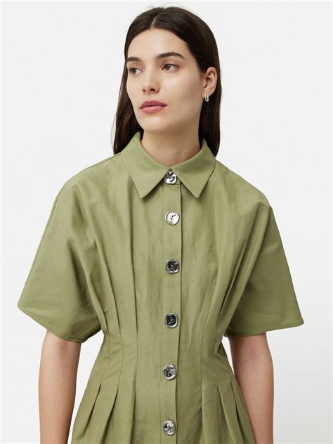 Cotton Stitched Pleat Dress Green Jigsaw