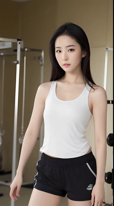 白いタンクトップと黒いショートパンツを着たアラフェッドアジア人女性 Seaart Ai