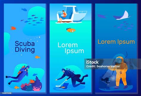다이빙 벡터 일러스트 세트 바다 또는 바다 열대 자연에서 만화 플랫 스쿠버 다이버 캐릭터 다이빙 스포츠 수직 배너 스쿠버 다이빙에 대한 스톡 벡터 아트 및 기타 이미지