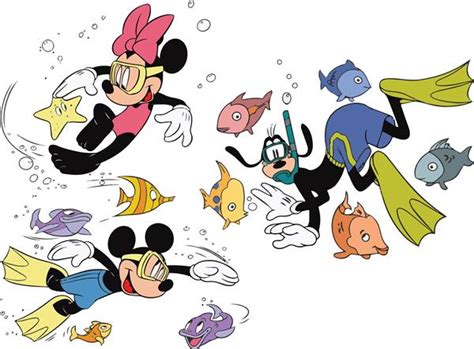 عکس میکی موس و مینی و گوفی در حال شنا کردن کنار ماهی های رنگارنگ 1664527