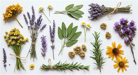 Aromatic Medicinal Herbs Collection On White Background Stock