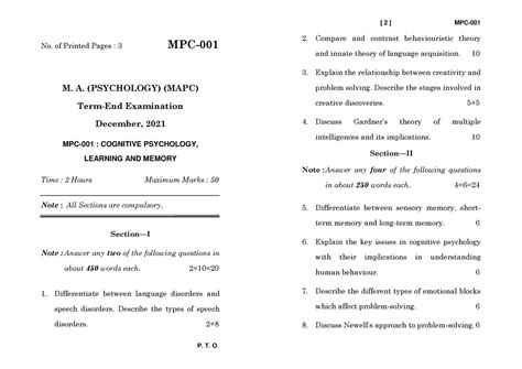 Mpc 1 And 2 Question Papers P T O No Of Printed Pages 3 Mpc M A Psychology Mapc