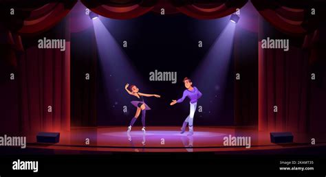 Ballet Dancers Couple Dance On Theater Stage With Red Curtains And Spotlights Ballerina In Tutu