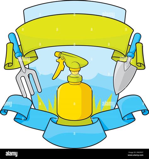 Gardening Shield With Grass And Sky Background Tools Spray Bottle And