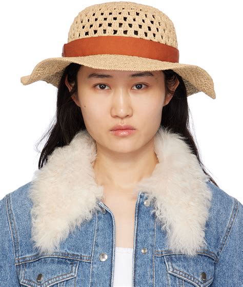Chloé Chapeau de plage beige en raphia crocheté SSENSE France