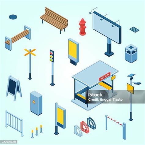 아이소 메트릭 도시 Infographic 도시 환경 광고판 벤치 신호등 소화전 배너 기둥 항아리 벤치 포인터 및 기타 요소 벡터 일러스트 레이 션 0명에 대한 스톡 벡터