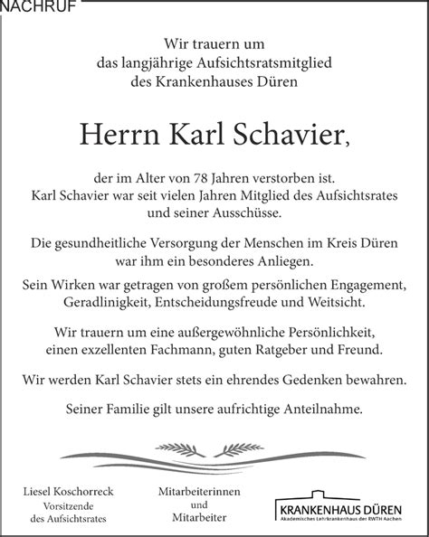 Traueranzeigen Von Karl Schavier Aachen Gedenkt