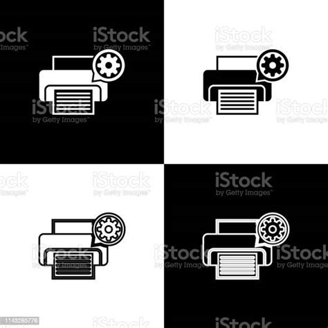 흑백 배경에 고립 된 프린터 및 기어 아이콘을 설정 합니다 조정 응용 프로그램 서비스 개념 설정 옵션 유지 보수 수리 고정 벡터