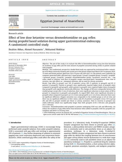 Pdf Effect Of Low Dose Ketamine Versus Dexmedetomidine On Gag Reflex During Propofol Based