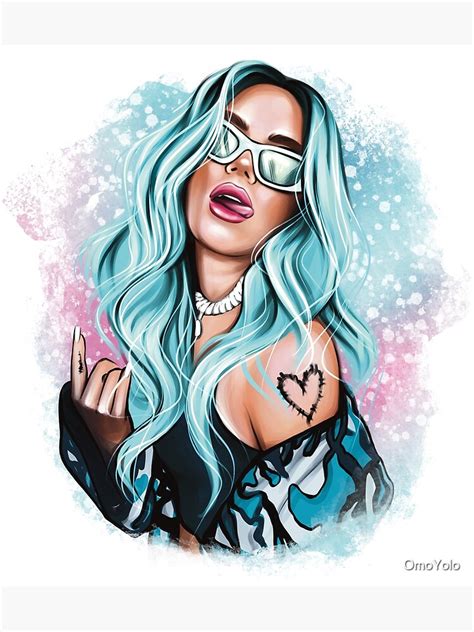 Karol G With Blue Hair Illustration With Bichota Word Poster For Sale