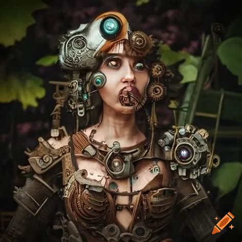 Detailed Illustration Of A Steampunk Cyborg In A Garden