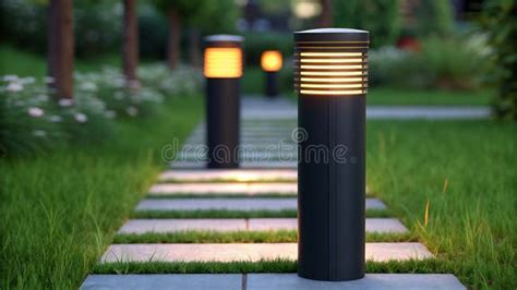 Modern Cylindrical Black Bollard Lights Illuminating A Garden Path At