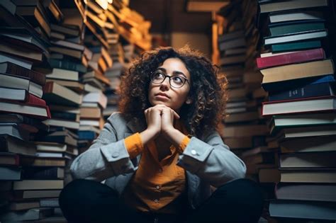 Premium Ai Image A Girl With Glasses Sitting In A Library With A