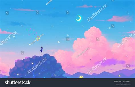 Cute Anime Girl Flying Balloons Digital Stock Illustration 2187374927