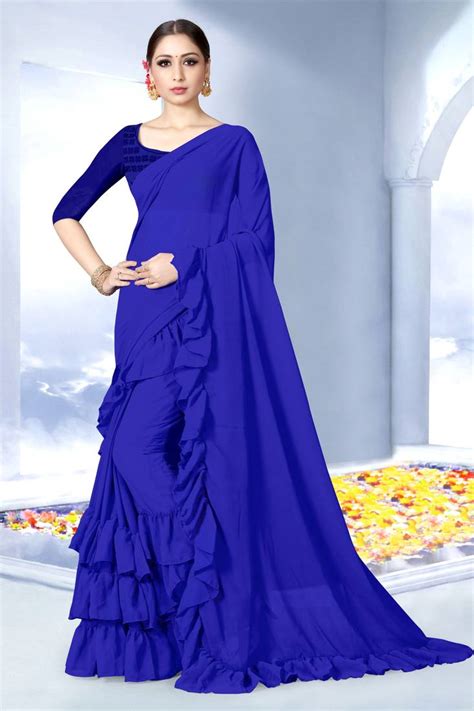 Blue Plain Georgette Saree With Blouse Shree Sanskruti 2846008