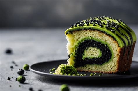 Premium Photo Slice Of A Matcha And Black Sesame Swirl Cake