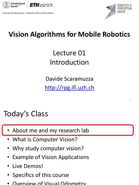 Vision Algorithms For Mobile Robotics Davide Scaramuzza Pdf Computer Vision Visual Perception