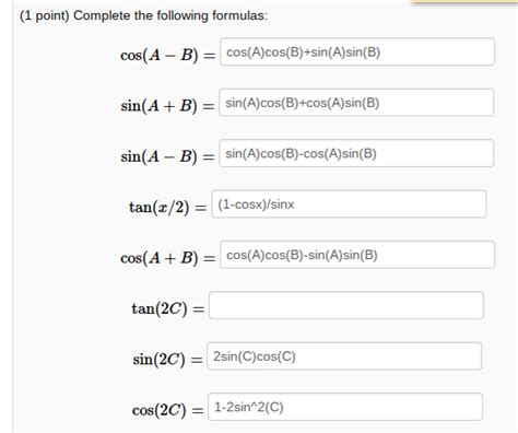 Solved Point Complete The Following Formulas Cos A B Chegg