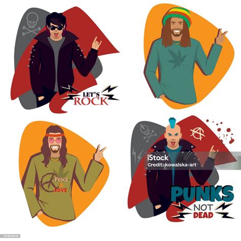 Set Of Different Subculture Punk Rocker Hippie Goth Emo Rastaman Person