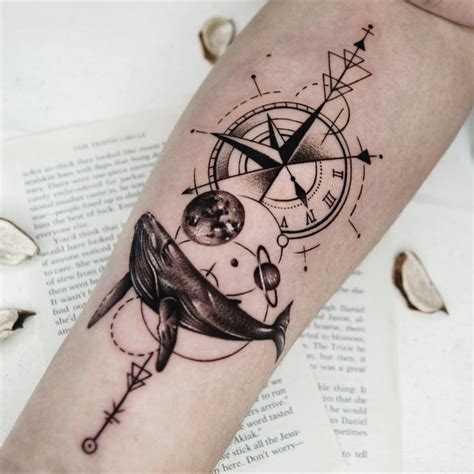 Whale Compass Tattoodesign รอยสักสำหรับผู้ชาย ลวดลายรอยสัก รูปแบบรอยสัก