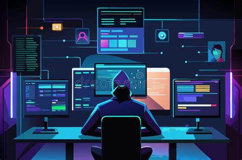 futuristic coding workspace with glowing screens showing programming