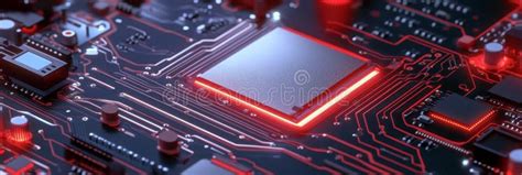 Red Glowing Cpu On Motherboard Hightech Background A Closeup Shot Of A