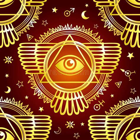 Fondo Inconsútil Pirámide Coa Alas Todo viendo El Ojo Símbolos Del Espacio Ilustración del