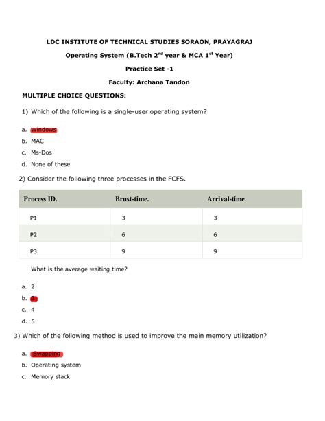 operating system practice set b tech and mca