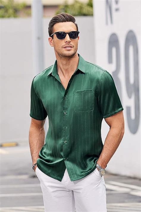 Coofandy Mens Green Silk Short Sleeve Button Up Shirts With Pocket
