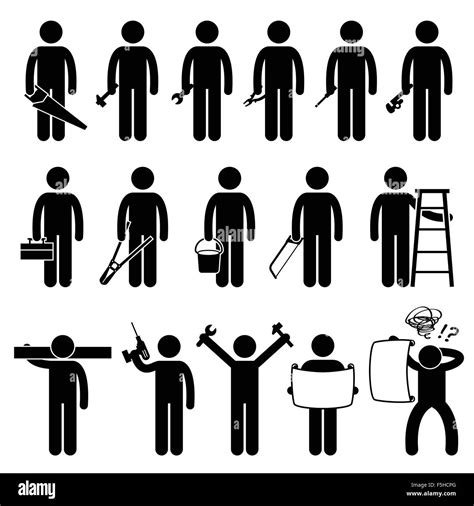 Handyman Worker Using Diy Work Tools Stick Figure Pictogram Icons Stock