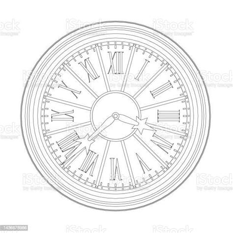 白い背景に孤立した黒い線からのヴィンテージ時計の輪郭正面図ベクターイラストレーション アイコンのベクターアート素材や画像を多数ご用意