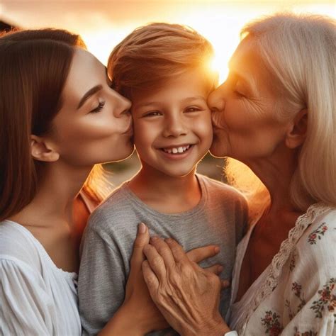 Three Generations Of Love Affectionate Woman Kissing Her Mother And