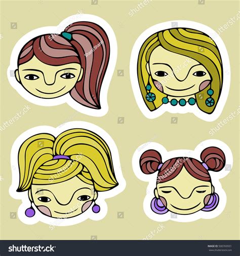 Set Cute Cartoon Girls Faces Colorful Stock Vector Royalty Free