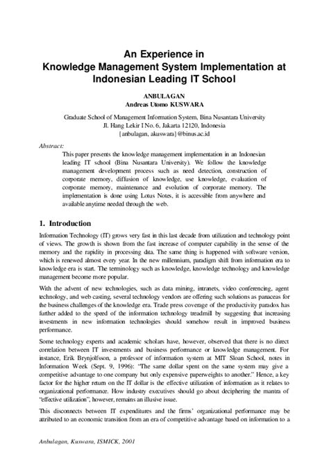 Pdf An Experience In Knowledge Management System Implementation At Indonesian Leading It School