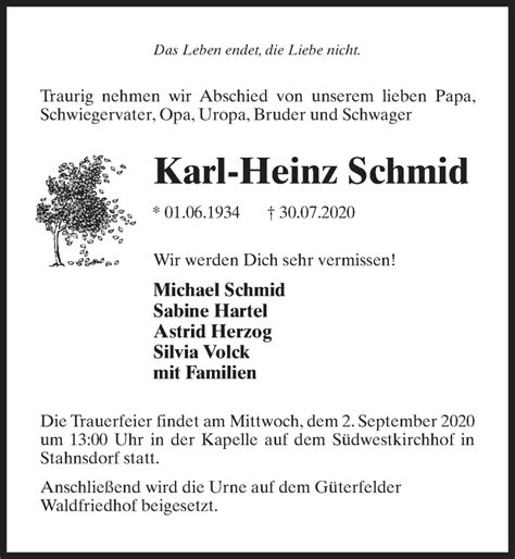 Traueranzeigen Von Karl Heinz Schmid Trauer Anzeigen De