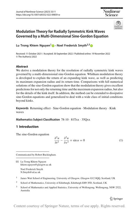 Pdf Modulation Theory For Radially Symmetric Kink Waves Governed By A Multi Dimensional Sine