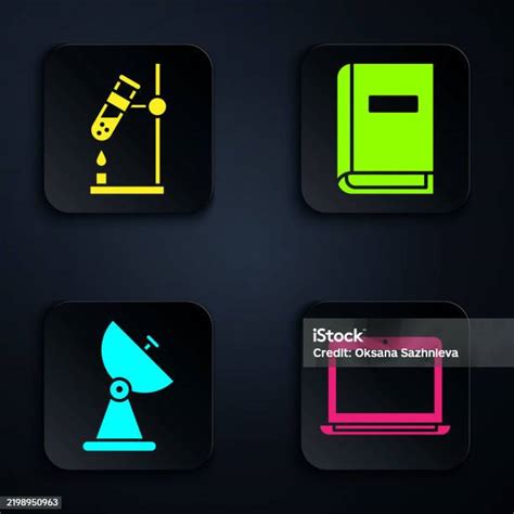 노트북 시험관 플라스크에 불을 붙이고 레이더 및 사용 설명서를 설정합니다 검은색 사각형 버튼입니다 벡터 건강 검진에 대한 스톡 벡터 아트 및 기타 이미지 Istock