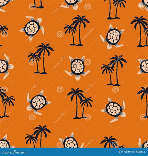 Seamless Palm Trees And Turtles Pattern Vector Tropical Background