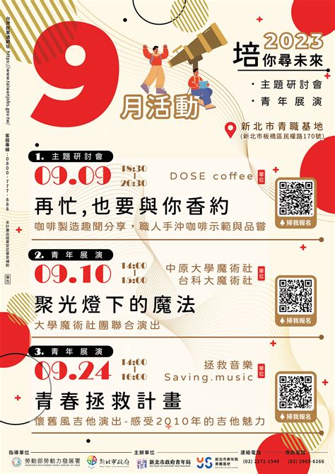 轉知新北市政府青年局青職基地服務說明、9月份活動海報與一對一專業諮商服務海報資訊
