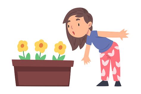 귀여운 소녀 꽃 피는 꽃 돌봐 정원 만화 벡터 일러스트에서 일하는 아이 교육에 대한 스톡 벡터 아트 및 기타 이미지 교육