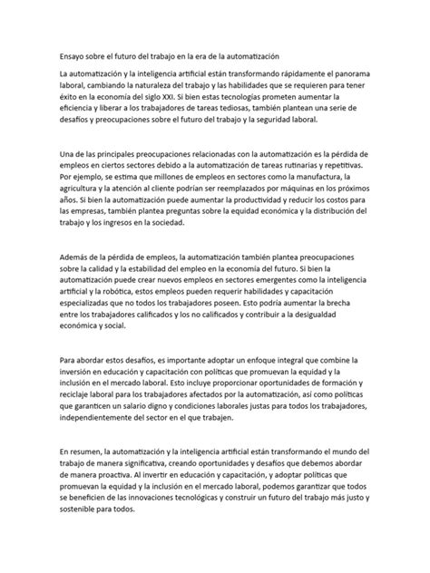 Ensayo Sobre El Futuro Del Trabajo En La Era De La Automatización Pdf