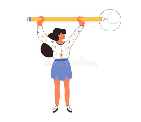 Young Happy Woman Holding Big Pencil Over Head Stock Vector